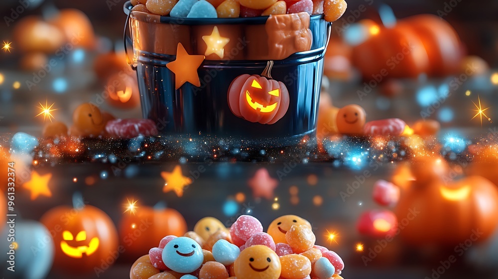 Adorable candy buckets overflowing with smiling candies, surrounded by ...