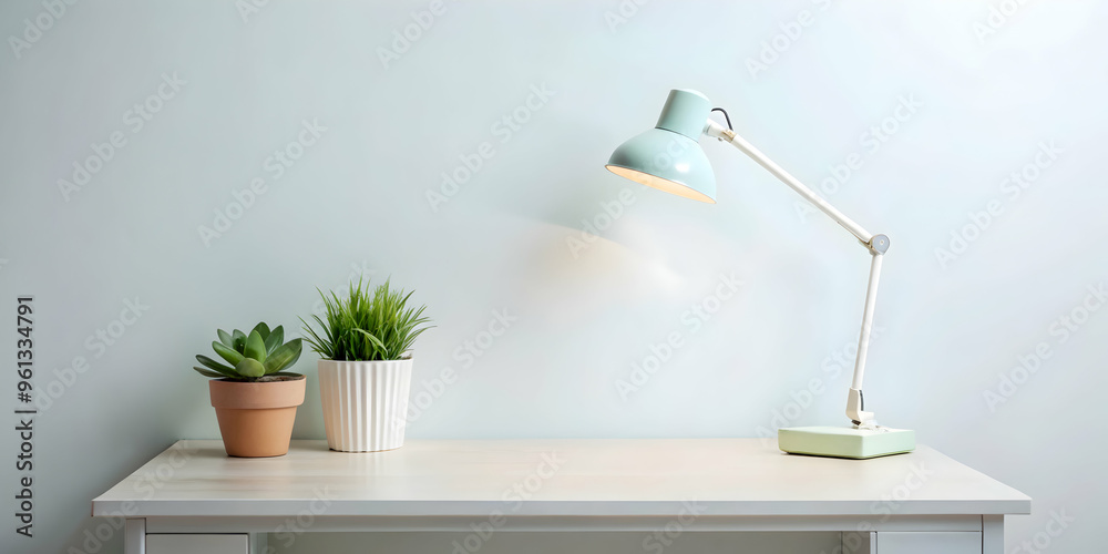 Minimalist Desk Setup: A serene workspace with a light blue desk lamp ...