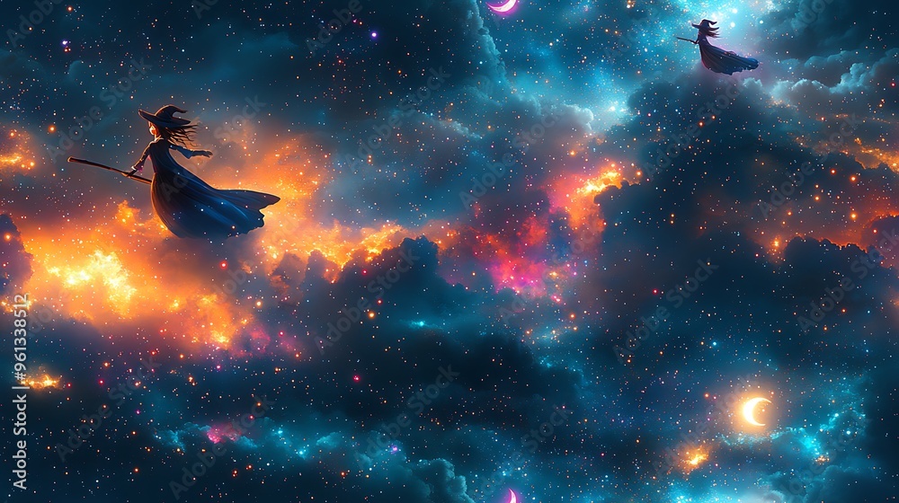 Little witches flying on their broomsticks, surrounded by twinkling ...