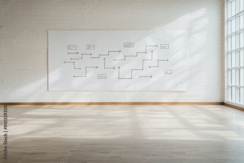 A clean, modern office setup with a large whiteboard displaying key ...