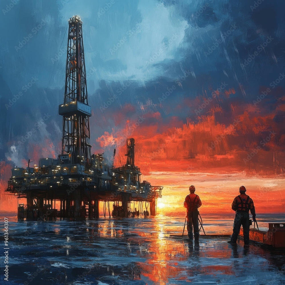 Arctic Oil Rig Sunset: Awe-inspiring digital art of an offshore oil rig ...