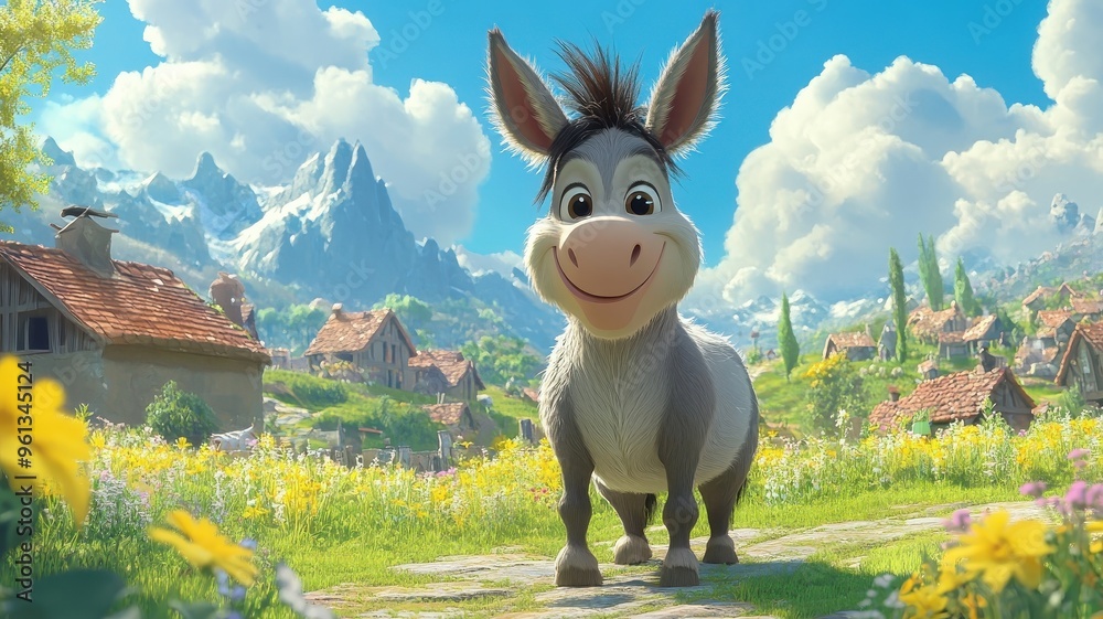 Cartoon art style, a donkey with exaggerated expressions and features ...