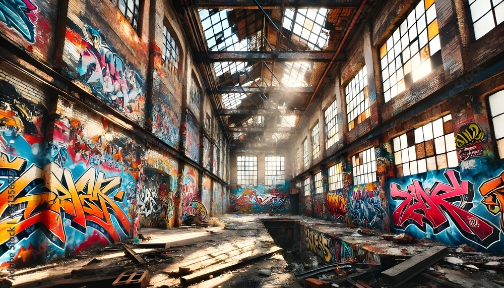 Colorful Graffiti Wall in an Abandoned Factory with Urban Art and ...