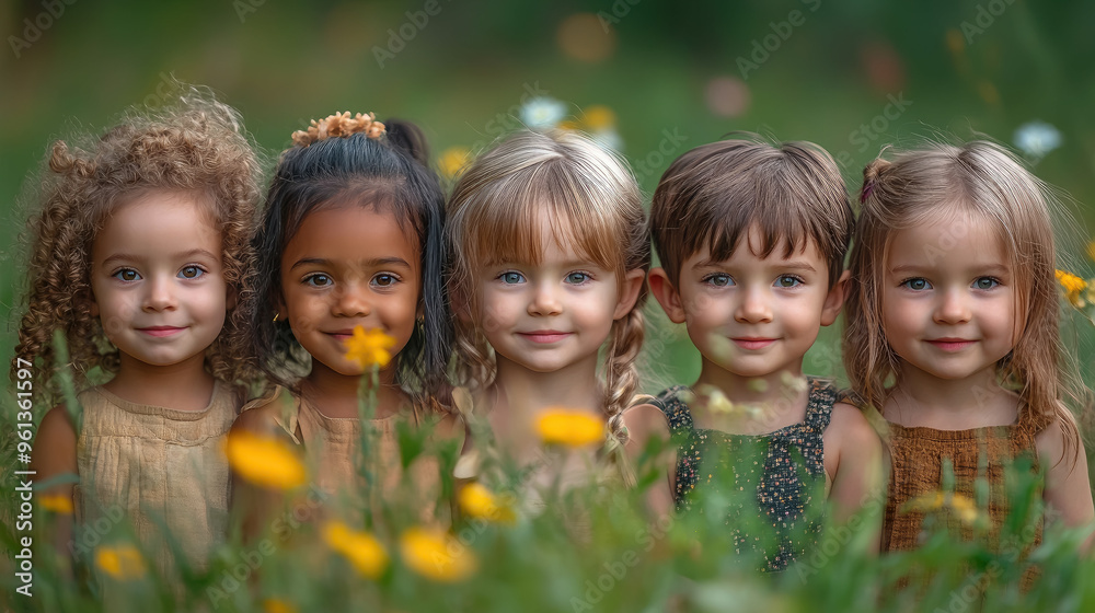 Group of cheerful little children of different nationalities in green ...