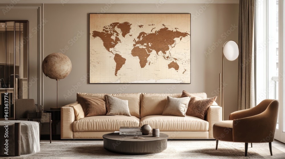 Envision an elegant world map printed on a large canvas. The map is ...