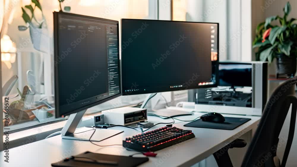 A modern, white desk with dual monitors and an ergonomic chair, A ...