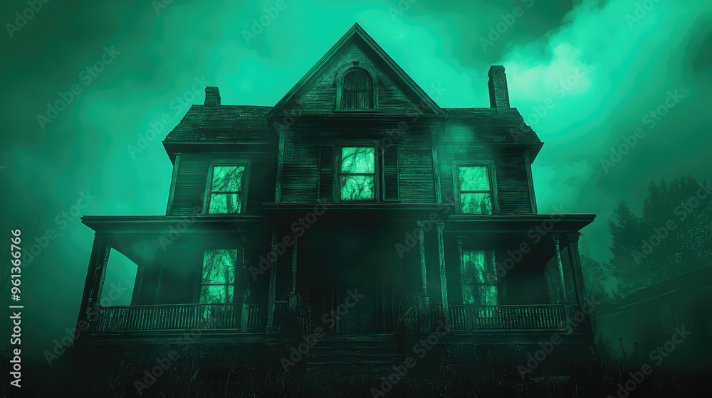A spooky haunted house with eerie green light spilling out from the ...