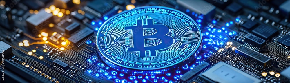 Glowing blue Bitcoin logos on a circuit board with bright connections ...