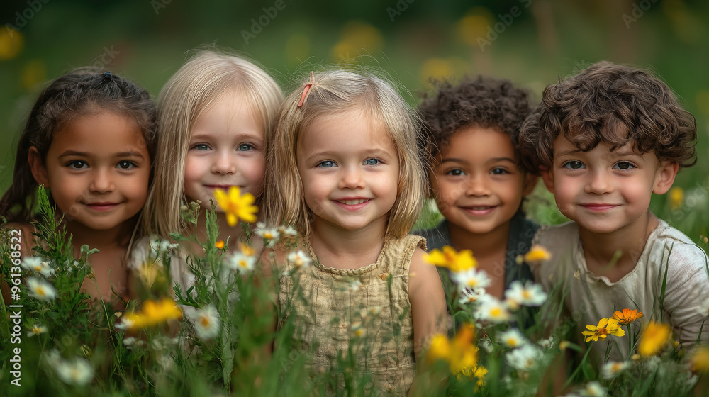Group of cheerful little children of different nationalities in green ...