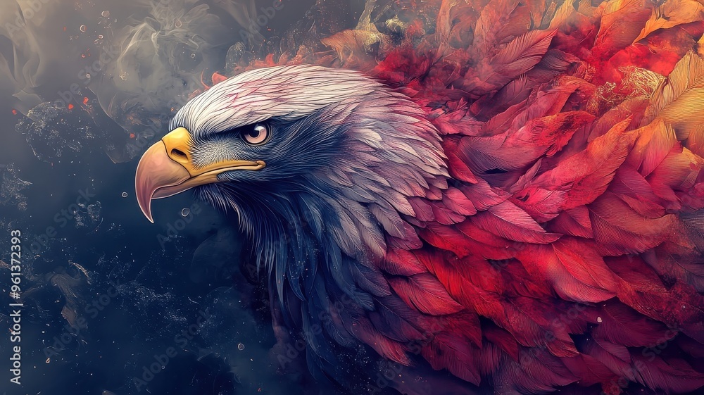 Stylized, an eagle illustrated with distinctive color contrasts and ...