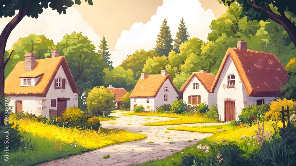 Charming village, simple clipart style, bright colors, cozy cottages ...