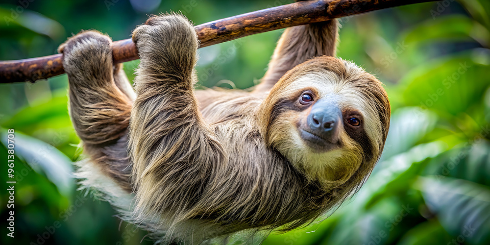 Smiling Sloth in the Canopy: A captivating portrait of a sloth hanging ...