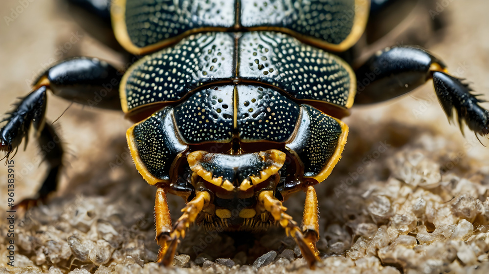 Emerald Shell, Armored Gaze: A macro portrait of a vibrant ground ...