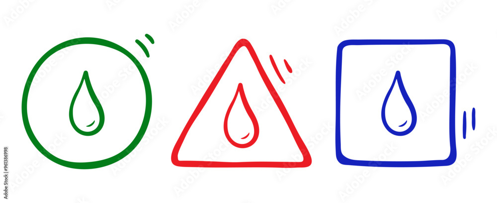 Doodle exclamation mark with water drops. Notification sign, alert ...