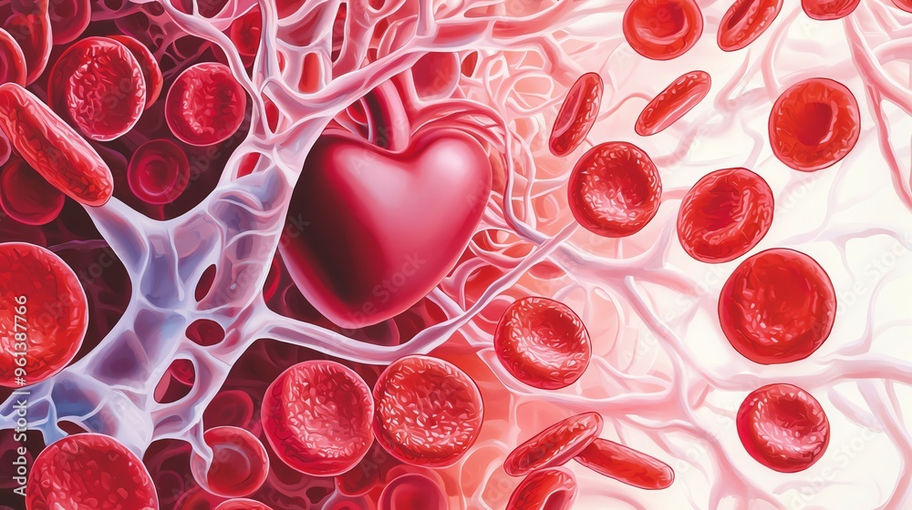 Illustration depicting the human heart and red blood cells, showcasing ...