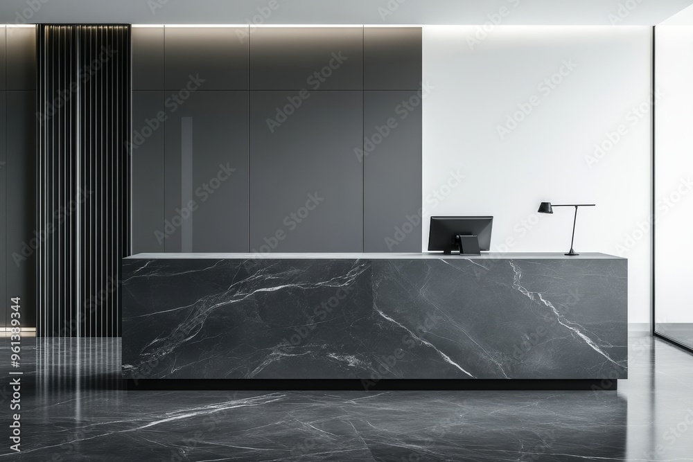 The interior of a modern office lobby features a comfortable reception ...