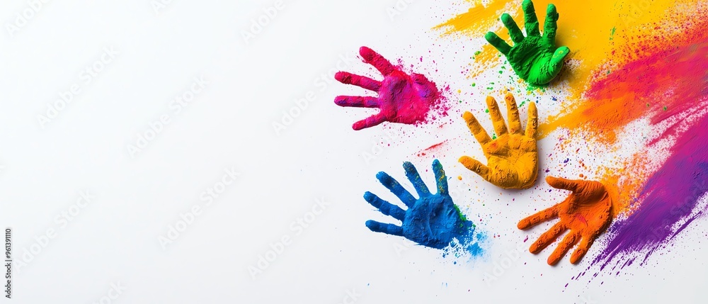Vibrant handprints in colorful paint create a playful and artistic ...