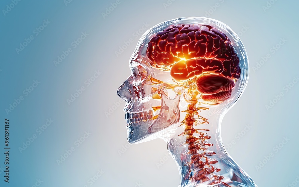 Anatomical illustration of a human skull and brain, highlighting neural ...