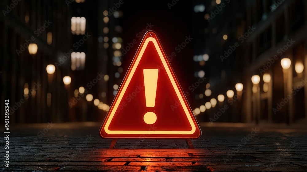 A digital guide with a prominent caution sign, featuring a flashing ...