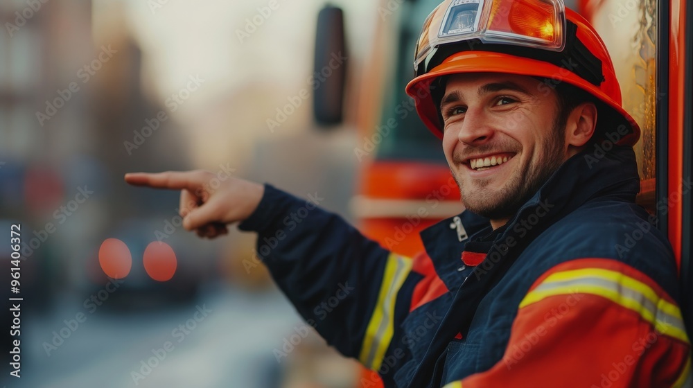 A happy fireman in uniform and helmet, smiling and pointing with one ...