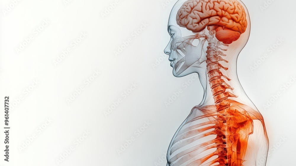 anatomical illustration of human spine and back muscles with ghostly ...