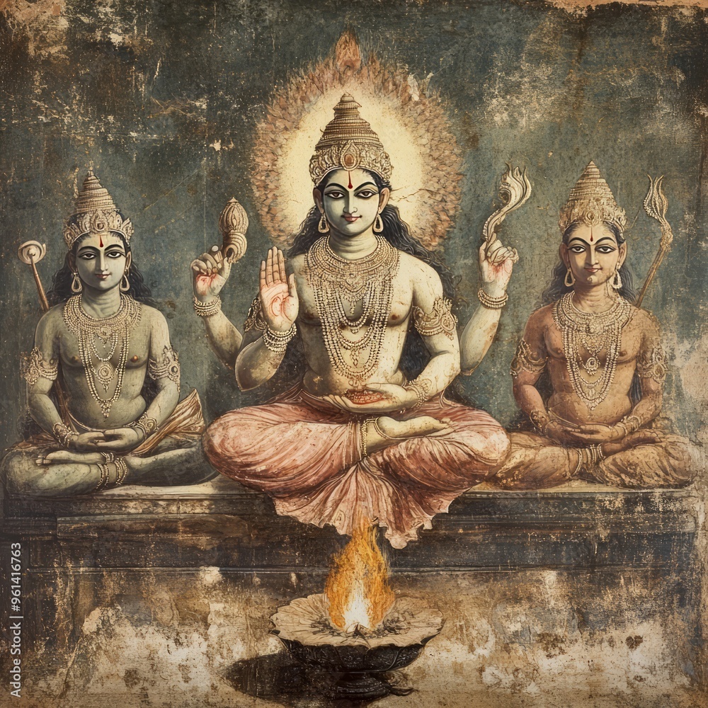 A traditional Indian painting depicting the Hindu trinity of Brahma ...