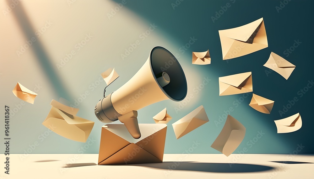 Dynamic graphic design with a megaphone and floating papers emerging ...