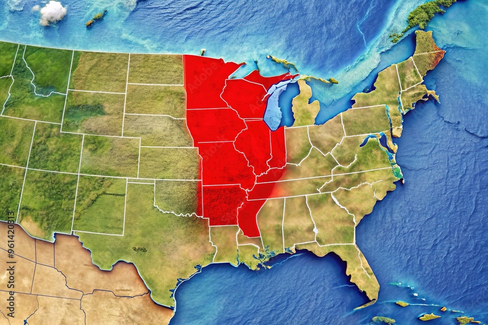 Aerial view of Ohio highlighted in bright red on a detailed United ...