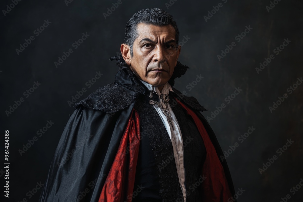 A man dressed in a dark, Victorian-inspired vampire costume, complete ...