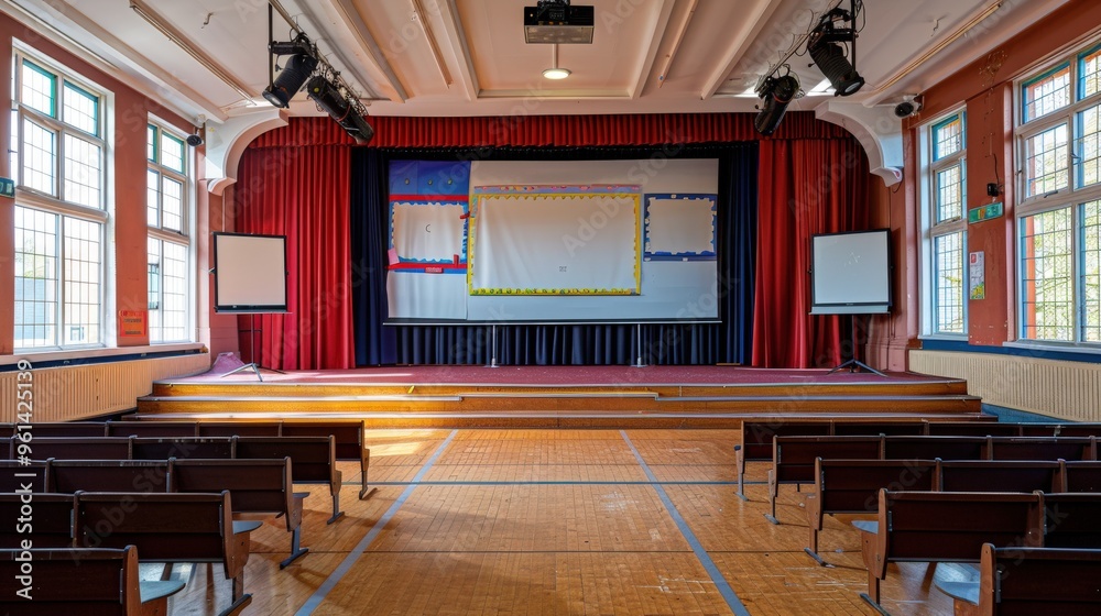 A detailed view of a school assembly stage with visual aids such as ...