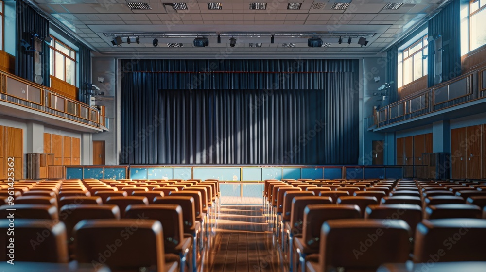 A detailed view of a school assembly setup with seating arrangements ...