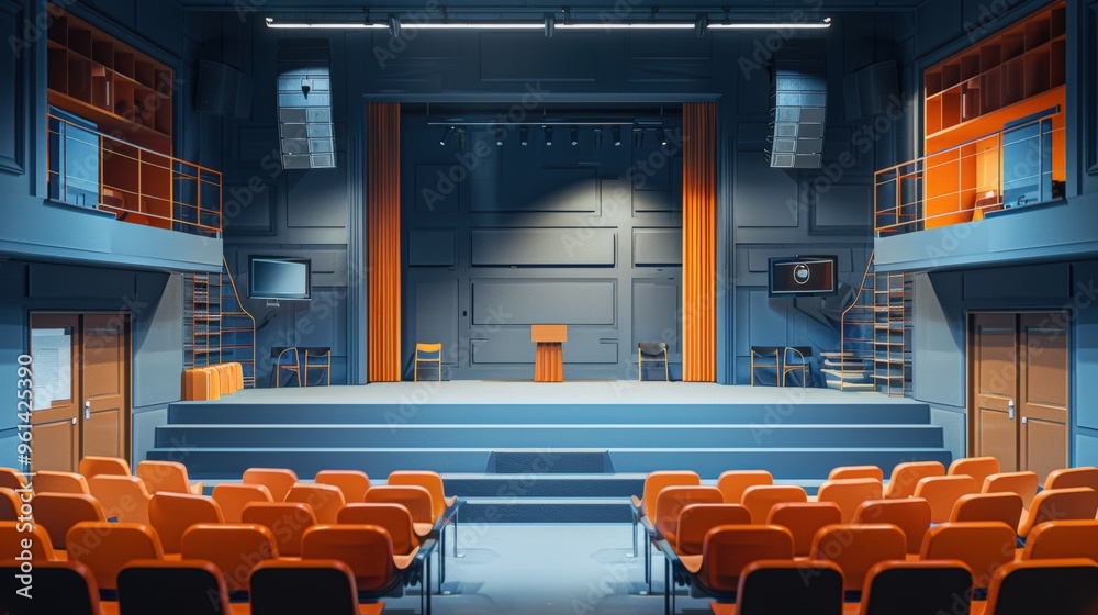 A detailed view of a school assembly setup with seating arrangements ...