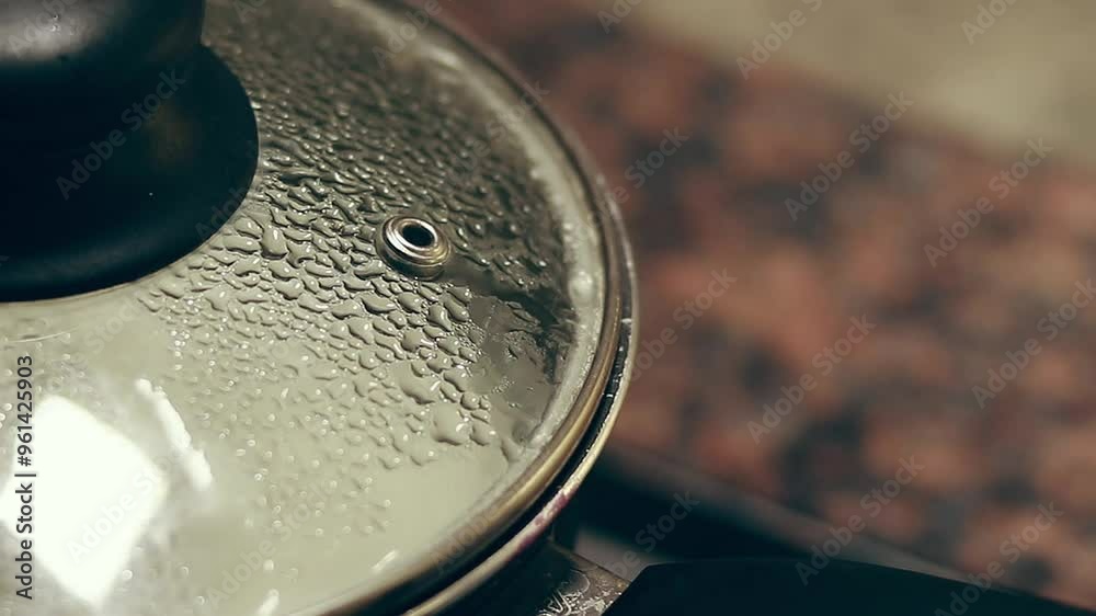Close up to condensations forming on a glass cover of a pot of boiling ...