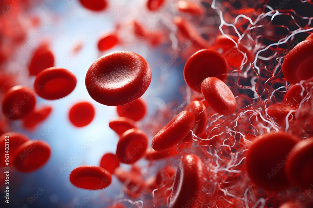 Red blood cells stream. Healthy human platelets, red blood cells under ...