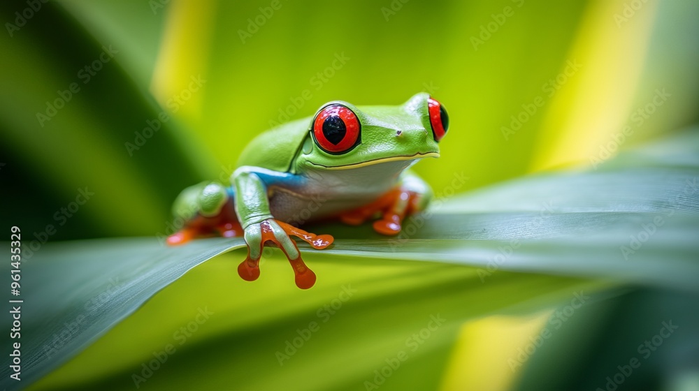 Perched upon vibrant green leaves, the Red-eyed tree frog (Agalychnis ...