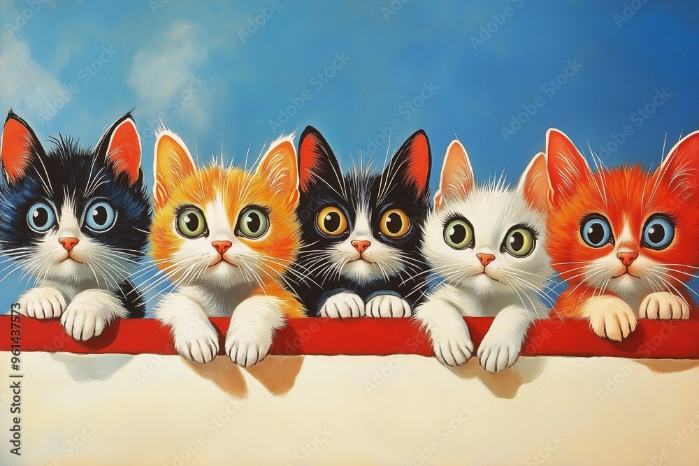 ภาพประกอบสต็อก Five adorable kittens peek over a red ledge with big ...