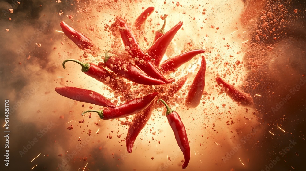 Red chili peppers erupt from a fiery explosion in a vibrant 3D ...