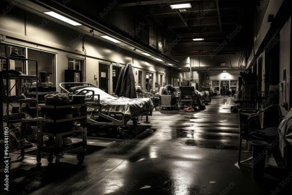 A decrepit hospital room with empty beds, wet floors. Looks like it was ...