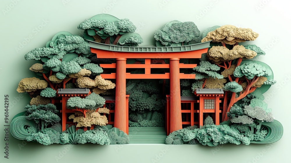 11. A 3D paper cut illustration of the Meiji Shrine in Tokyo, with ...