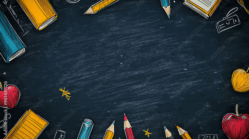 Chalkboard-themed background with doodles of school supplies like ...