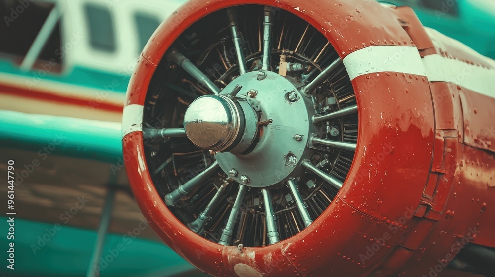 Vintage Airplane Engine Close Up Red Blue Silver Industrial Aviation ...