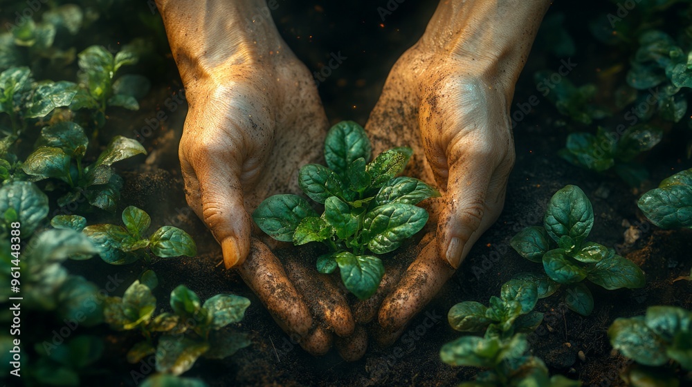 A womans hands turning into vines of spinach and kale as she touches ...