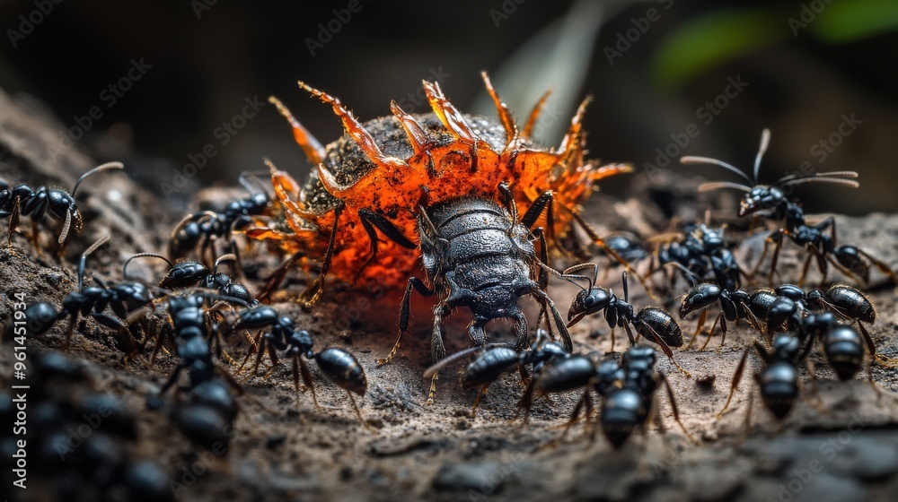 A group of ants breaking down a dead insect, highlighting decomposers ...