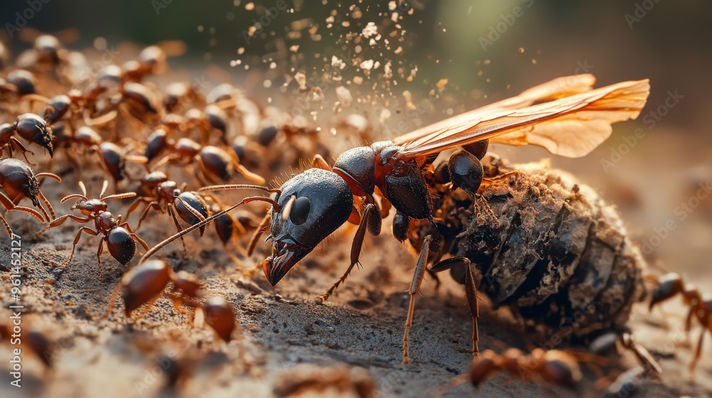 A group of ants breaking down a dead insect, highlighting decomposers ...