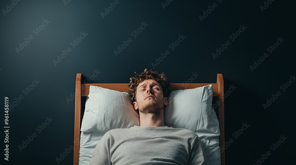 Portrait of tired young man lying in bed alone and sadly looking up at ...