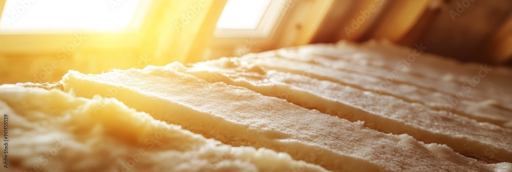 A close-up image of fiberglass insulation batts installed in an attic ...
