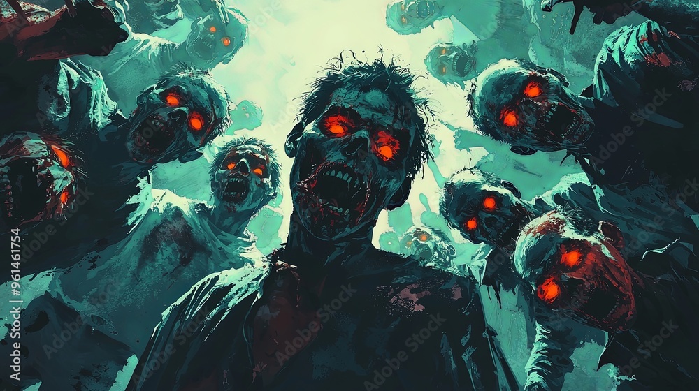 An unsettling, grotesque close-up illustration of zombies with glowing ...