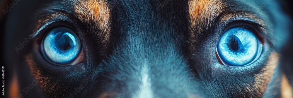 A close-up shot of a dog's piercing blue eyes, capturing the animal's ...