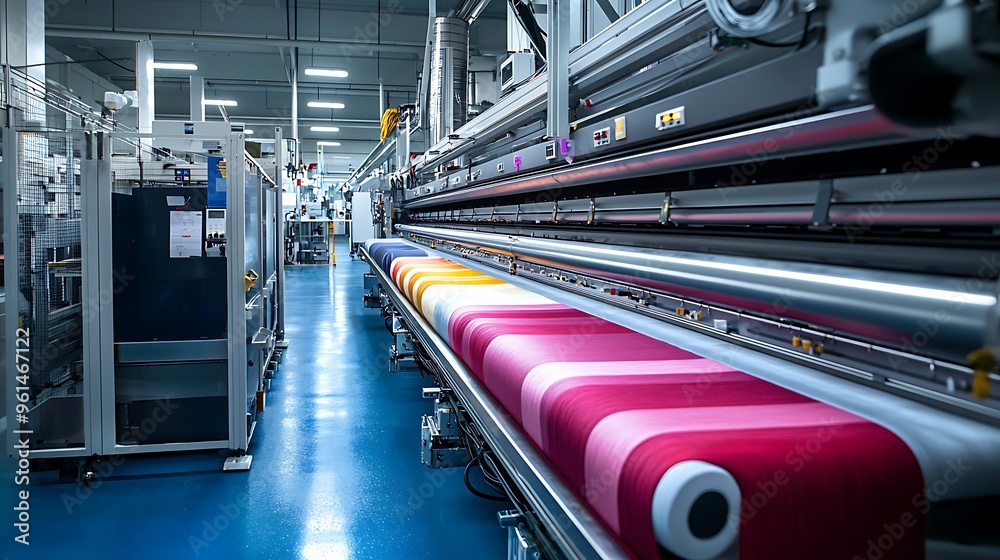 Colorful fabrics flow through a bustling textile factory, each roll a ...