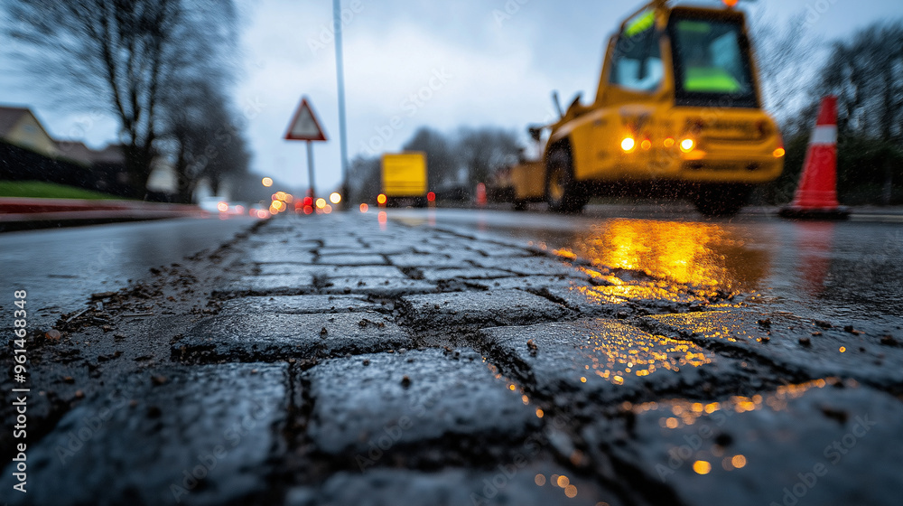 Close-up of freshly laid bricks on a road with wet mortar, with ...